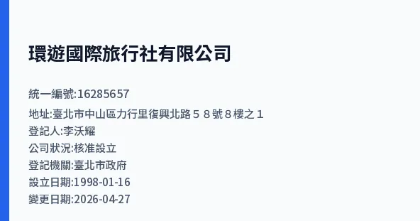 環遊國際旅行社有限公司的照片-統編 16285657(臺北市) 公司登記資料與營業項目詳細圖表