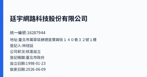 廷宇網路科技股份有限公司的照片-統編 16287944(臺北市) 公司登記資料與營業項目詳細圖表