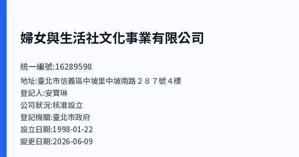 婦女與生活社文化事業有限公司的照片-統編 16289598(臺北市) 公司登記資料與營業項目詳細圖表