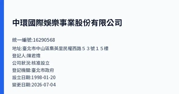 中環國際娛樂事業股份有限公司的照片-統編 16290568(臺北市) 公司登記資料與營業項目詳細圖表