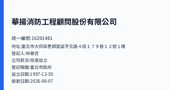 華揚消防工程顧問股份有限公司的照片-統編 16291481(臺北市) 公司登記資料與營業項目詳細圖表