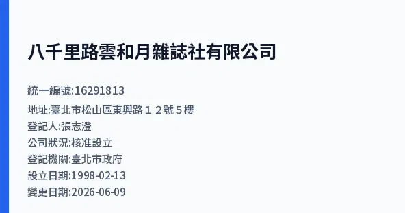 八千里路雲和月雜誌社有限公司的照片-統編 16291813(臺北市) 公司登記資料與營業項目詳細圖表