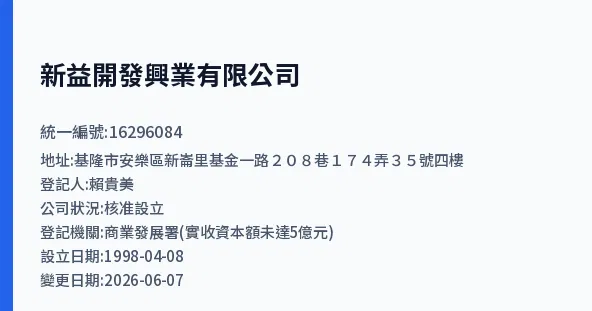 新益開發興業有限公司的照片-統編 16296084(基隆市) 公司登記資料與營業項目詳細圖表