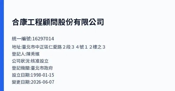 合康工程顧問股份有限公司的照片-統編 16297014(臺北市) 公司登記資料與營業項目詳細圖表
