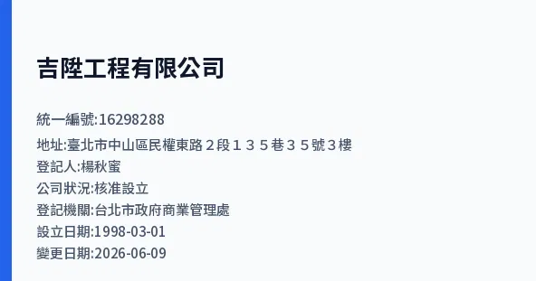 吉陞工程有限公司的照片-統編 16298288(臺北市) 公司登記資料與營業項目詳細圖表