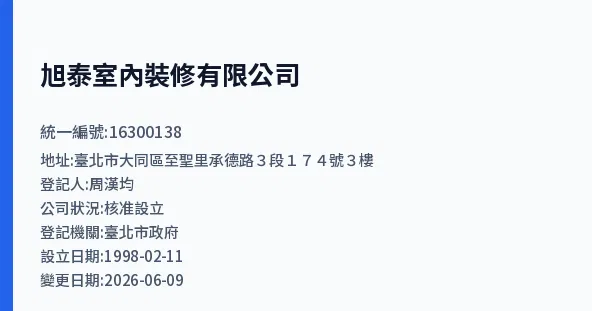 旭泰室內裝修有限公司的照片-統編 16300138(臺北市) 公司登記資料與營業項目詳細圖表
