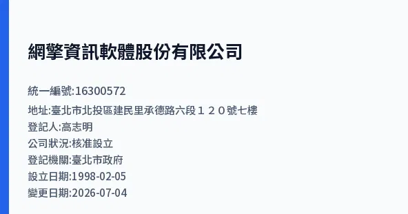 網擎資訊軟體股份有限公司的照片-統編 16300572(臺北市) 公司登記資料與營業項目詳細圖表