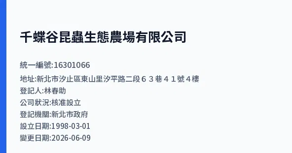 千蝶谷昆蟲生態農場有限公司的照片-統編 16301066(新北市) 公司登記資料與營業項目詳細圖表