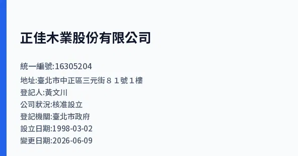 正佳木業股份有限公司的照片-統編 16305204(臺北市) 公司登記資料與營業項目詳細圖表