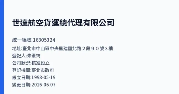 世達航空貨運總代理有限公司的照片-統編 16305324(臺北市) 公司登記資料與營業項目詳細圖表