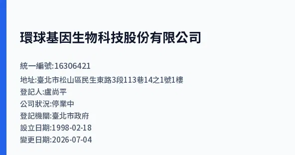 環球基因生物科技股份有限公司的照片-統編 16306421(臺北市) 公司登記資料與營業項目詳細圖表