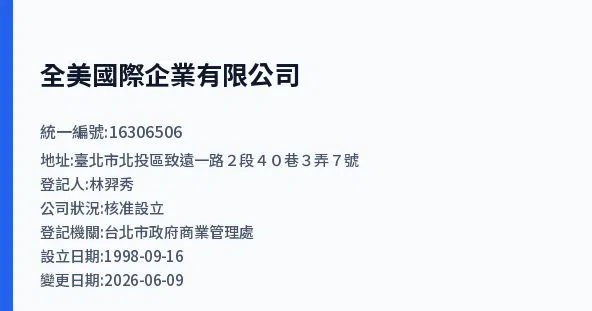 全美國際企業有限公司的照片-統編 16306506(臺北市) 公司登記資料與營業項目詳細圖表
