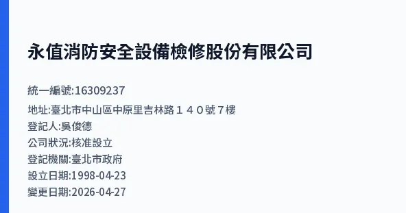 永值消防安全設備檢修股份有限公司的照片-統編 16309237(臺北市) 公司登記資料與營業項目詳細圖表