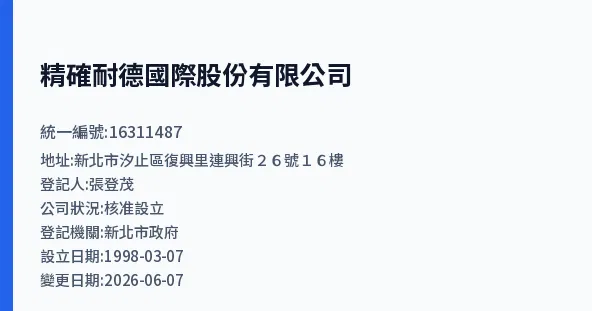 精確耐德國際股份有限公司的照片-統編 16311487(新北市) 公司登記資料與營業項目詳細圖表