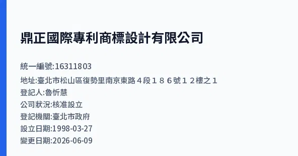 鼎正國際專利商標設計有限公司的照片-統編 16311803(臺北市) 公司登記資料與營業項目詳細圖表