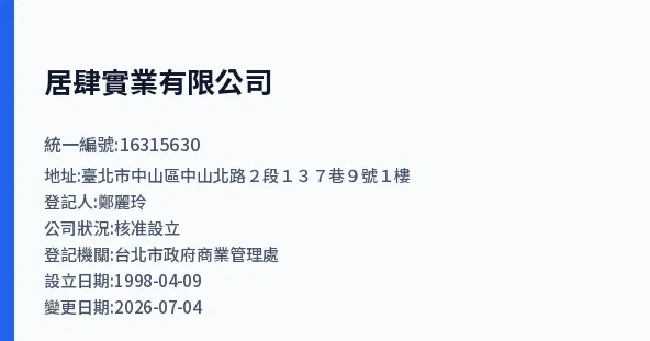 居肆實業有限公司的照片-統編 16315630(臺北市) 公司登記資料與營業項目詳細圖表