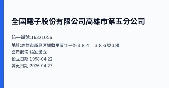 全國電子股份有限公司高雄市第五分公司的照片-統編 16321056(高雄市) 公司登記資料與營業項目詳細圖表