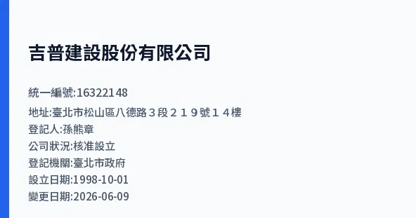 吉普建設股份有限公司的照片-統編 16322148(臺北市) 公司登記資料與營業項目詳細圖表