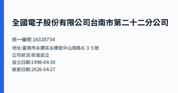 全國電子股份有限公司台南市第二十二分公司的照片-統編 16328754(臺南市) 公司登記資料與營業項目詳細圖表