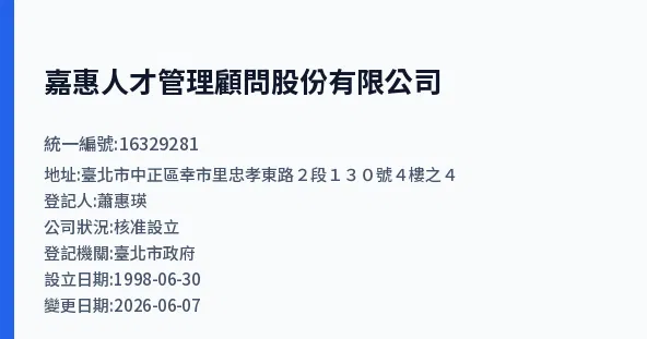 嘉惠人才管理顧問股份有限公司的照片-統編 16329281(臺北市) 公司登記資料與營業項目詳細圖表