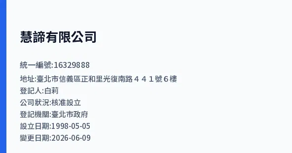 慧諦有限公司的照片-統編 16329888(臺北市) 公司登記資料與營業項目詳細圖表