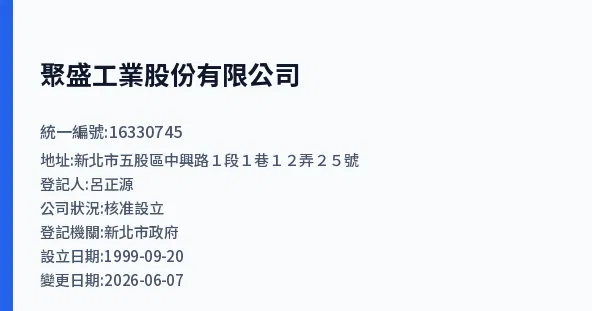聚盛工業股份有限公司的照片-統編 16330745(新北市) 公司登記資料與營業項目詳細圖表