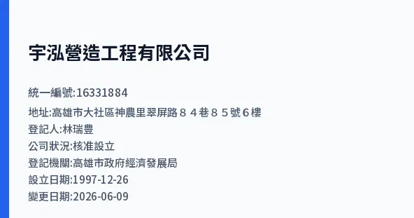宇泓營造工程有限公司的照片-統編 16331884(高雄市) 公司登記資料與營業項目詳細圖表
