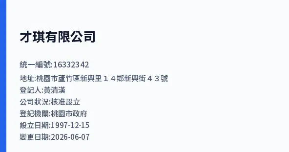 才琪有限公司的照片-統編 16332342(桃園市) 公司登記資料與營業項目詳細圖表