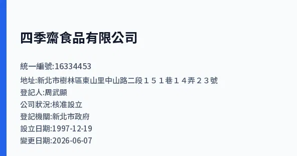 四季齋食品有限公司的照片-統編 16334453(新北市) 公司登記資料與營業項目詳細圖表