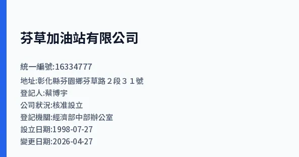 芬草加油站有限公司的照片-統編 16334777(彰化縣) 公司登記資料與營業項目詳細圖表