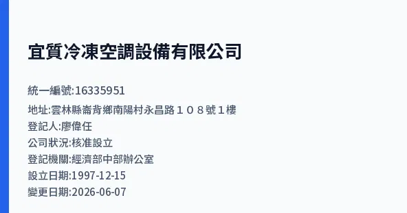 宜質冷凍空調設備有限公司的照片-統編 16335951(雲林縣) 公司登記資料與營業項目詳細圖表