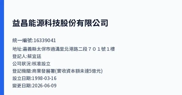 益昌能源科技股份有限公司的照片-統編 16339041(嘉義縣) 公司登記資料與營業項目詳細圖表