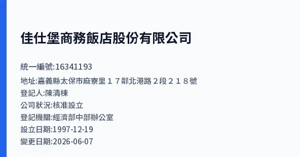 佳仕堡商務飯店股份有限公司的照片-統編 16341193(嘉義縣) 公司登記資料與營業項目詳細圖表