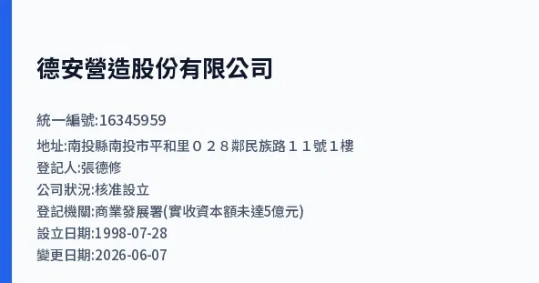 德安營造股份有限公司的照片-統編 16345959(南投縣) 公司登記資料與營業項目詳細圖表