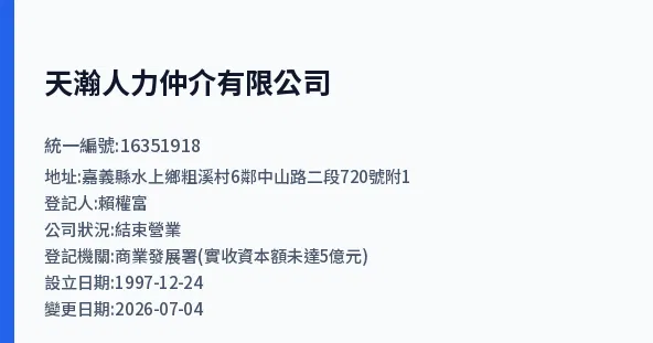 天瀚人力仲介有限公司的照片-統編 16351918(嘉義縣) 公司登記資料與營業項目詳細圖表