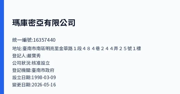 瑪庫密亞有限公司的照片-統編 16357440(臺南市) 公司登記資料與營業項目詳細圖表