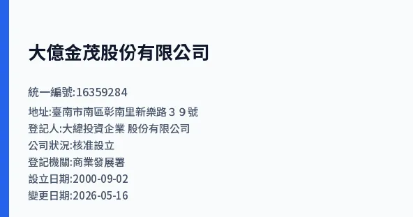 大億金茂股份有限公司的照片-統編 16359284(臺南市) 公司登記資料與營業項目詳細圖表