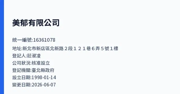 美郁有限公司的照片-統編 16361078(新北市) 公司登記資料與營業項目詳細圖表