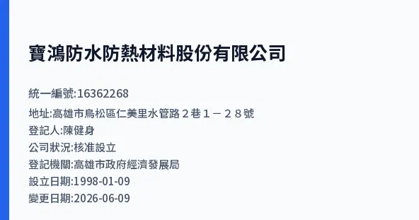 寶鴻防水防熱材料股份有限公司的照片-統編 16362268(高雄市) 公司登記資料與營業項目詳細圖表