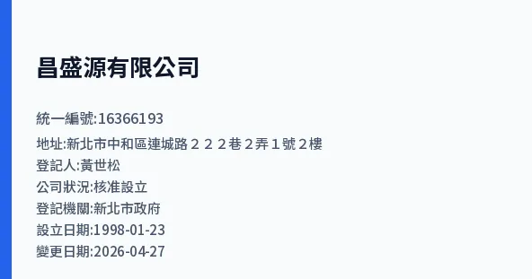 昌盛源有限公司的照片-統編 16366193(新北市) 公司登記資料與營業項目詳細圖表