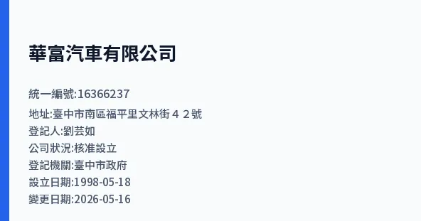 華富汽車有限公司的照片-統編 16366237(臺中市) 公司登記資料與營業項目詳細圖表