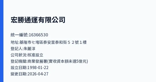 宏勝通運有限公司的照片-統編 16366530(基隆市) 公司登記資料與營業項目詳細圖表