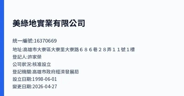 美綠地實業有限公司的照片-統編 16370669(高雄市) 公司登記資料與營業項目詳細圖表