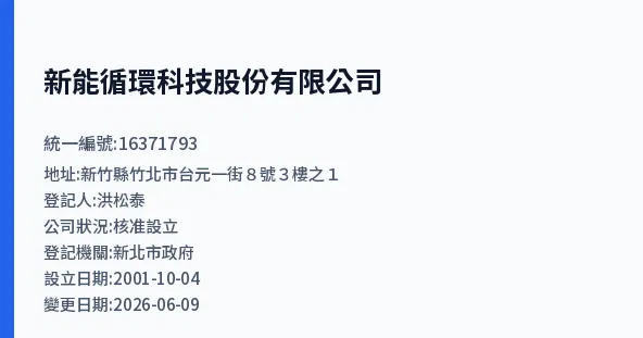 新能循環科技股份有限公司的照片-統編 16371793(新竹縣) 公司登記資料與營業項目詳細圖表