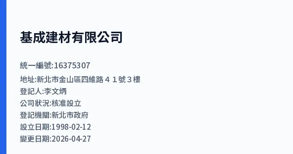 基成建材有限公司的照片-統編 16375307(新北市) 公司登記資料與營業項目詳細圖表