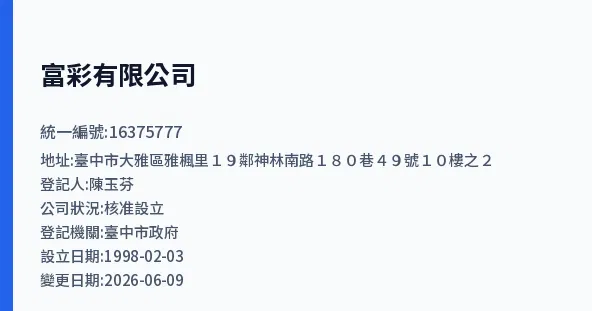 富彩有限公司的照片-統編 16375777(臺中市) 公司登記資料與營業項目詳細圖表
