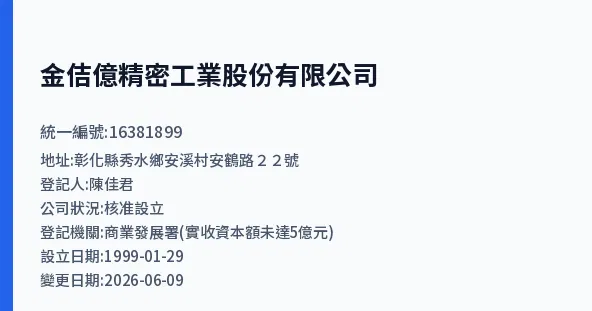 金佶億精密工業股份有限公司的照片-統編 16381899(彰化縣) 公司登記資料與營業項目詳細圖表