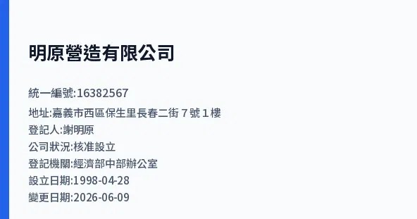 明原營造有限公司的照片-統編 16382567(嘉義市) 公司登記資料與營業項目詳細圖表