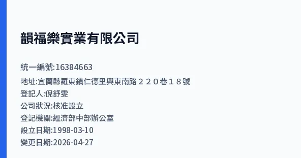 韻福樂實業有限公司的照片-統編 16384663(宜蘭縣) 公司登記資料與營業項目詳細圖表