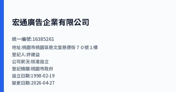 宏通廣告企業有限公司的照片-統編 16385261(桃園市) 公司登記資料與營業項目詳細圖表
